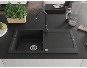 Mexen Leo 1-komorový granitový dřez s odkapávačem 900x500mm a kuchyňskou baterií Telma, černá - 6501-77-670200-70