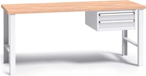 Pracovní stůl do dílny G3 se závěsným boxem na nářadí, buková spárovka, 2 zásuvky, pevné kovové nohy, 1700 mm, šedá