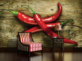 Fototapeta - Chili papričky na dřevě (152,5x104 cm)