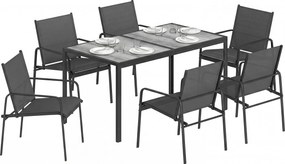 Outsunny Sada zahradního nábytku sedací souprava 150 x 80 cm stůl se 6 prodyšnými židlemi vzhled dřeva ocelový rám černý