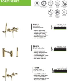 Laveo Tores, vanová baterie s ruční bodovou sprchovou soupravou, zlatá matná, LAV-BVT_G11D