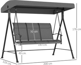 Outsunny Hollywoodská houpačka Třímístná zahradní houpačka s nastavitelnou střechou s nosností až 240 kg kov Texteline tmavě šedá 195 x 118 x 170 cm |