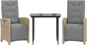 3dílný bistro set s poduškami světle šedý polyratan 3212598