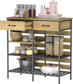 HOMCOM bufet do kuchyně, úložný nábytek se 2 zásuvkami a 3 otevřenými regály, 90 x 40 x 91 cm, přírodní dřevo a černá