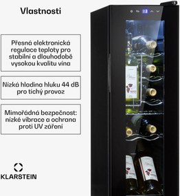 Klarstein Shiraz 12 Slim, vinotéka, 32 l, 12 lahví, 85 W, 5-18 °C, dotykový ovládací panel