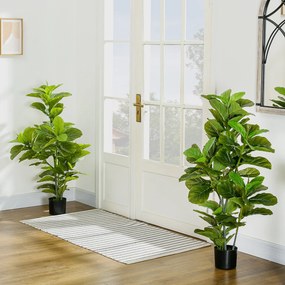 HOMCOM Sada 2 Dekorativních Umělých Rostlin 110x15 cm Umělé Fikusy se 90 Listy a Květináči pro Vnitřní Dekoraci do Obývacího Pokoje a Kanceláře Zelená