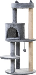 PawHut kočičí strom 4-patrová kočičí jeskyně s míčky na hraní a bidýlkem sisalový sloupek škrabadlo plyšové šedé 48x48x104cm pro kočky | Aosom.de
