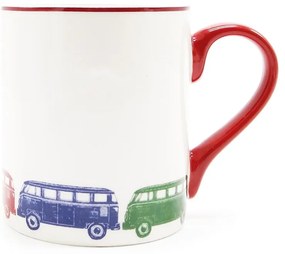 Porcelánový hrnek Na cestě, 280 ml – bílý, s červeným ouškem a motivem barevných obytných dodávek