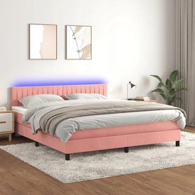 Box Spring Postel S Matrací A Led Samet Růžová Svislé pruhy 160 x 200 cm