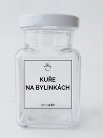 Samolepka na kořenky KUŘE NA BYLINKÁCH průhledná 5 × 5 cm tučné písmo