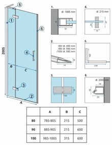 Jednokřídlé sprchové dveře REA HUGO 80 cm + stěnový profil s magnetickým těsněním, zlaté kartáčované