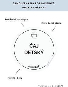 ČAJ DĚTSKÝ – průhledná samolepka na dózu, tučné písmo, 5 cm | DomaLEP