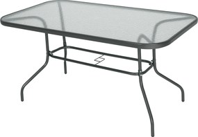 Outsunny Obdélníkový Zahradní Stůl s Zakřivenými Kovovými Okraji a Otvorem pro Slunečník, Temperované Sklo 70kg Kapacita 140x80x70 cm Tmavě Šedá | Aos