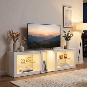 HOMCOM TV komoda s RGB LED osvětlením, moderní TV nábytek s nastavitelnými skleněnými policemi, pro televize až do 75 palců, bílá