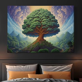 Obraz na plátně - Košatý Strom života s lesem a kopečky FeelHappy.cz Velikost obrazu: 60 x 40 cm