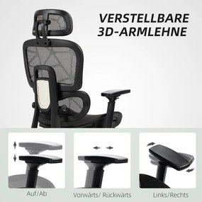 HOMCOM Ergonomická kancelářská židle s opěrkami, opěrkou hlavy, bederní oporou, výškově nastavitelná, otočná židle s funkcí houpání, sklopným mechani…