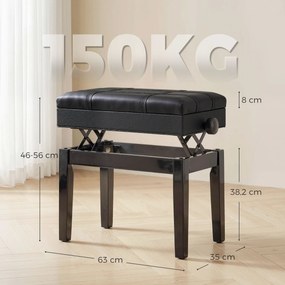 HOMCOM Klavírní lavice Výškově nastavitelná klavírní stolička s úložným prostorem, kožené polštáře, černá, 63x35x46-56 cm| Aosom