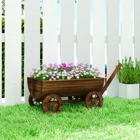 Outsunny dřevěný vozík se 4 koly a rukojetí, květináč pro venkovní použití s odvodňovacím otvorem 115x40x54,5 cm, uhlově zbarvený