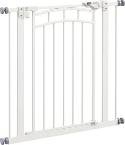 PawHut Rozšiřitelná bezpečnostní brána pro psy 74-80 cm, dvojité zamykání, automatické zavírání, tlaková montáž pro schody, výška 76 cm, bílá | Aosom