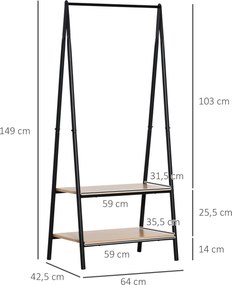 HOMCOM Stojan na oblečení s policí na boty, kovový + dřevěný, černý + přírodní, 64 x 42,5 x 149 cm