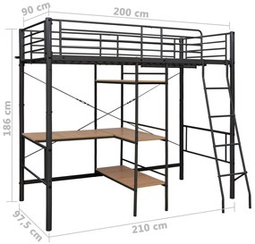 vidaXL Marketos Rám poschoďové postele se stolem šedý kov 90 x 200 cm