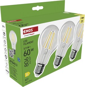 Emos LED žárovka Filament A60, E27, 5,9W (60W), 806lm, 2700K, 3 ks