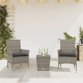 3dílný bistro set s poduškami šedý polyratan a sklo 3278742