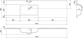 Mexen Otis, umyvadlo zapuštěné do desky, levé, 161 × 46,5 cm, černá matná, 25181671L