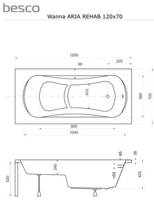 BESCO Obdélníková vana ARIA REHAB Nožičky k vaně - S nožičkami, Rozměr vany - 120 × 70 cm - VANARIA120REH+VANARIA120REHNO