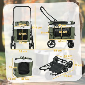 PawHut 2 v 1 kočárek pro psy, skládací pro psy a kočky do 10 kg, kočárek pro kočky s polstrováním, síťovými okny, dveřmi a úložným košíkem, tmavě zel…