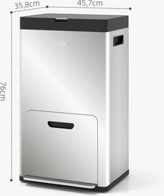 HOMCOM 56L Kuchyňský odpadkový koš s kolečky, 3 oddělení, tichý zavírací mechanismus, široký pedál, odolný proti otiskům prstů a zápachu stříbrný