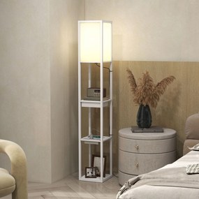 HOMCOM Stojací lampa s 3stupňovou policí, nožní spínač, USB porty, MDF, bílá