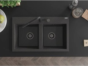 Mexen Hektor, 2-komorový granitový dřez 800x480x205 mm, černá skvrnitá, grafitový sifon, 6521802000-76-B
