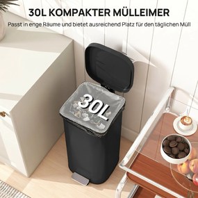 HOMCOM 30 l pedálový koš s měkkým dovíráním, vyjímatelnou vnitřní nádobou a funkcí zajištění otevření — černý
