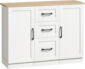 HOMCOM Komoda do obývacího pokoje, úložný nábytek se 2 dvířky s tichým dovíráním a 3 zásuvkami, 110x35x80,4 cm, bílá a přírodní dřevo