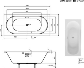 Besco Vitae Slim+ obdélníková vana akrylátová 160 x 75 cm sifon grafit barva bílá VANVIT16SLIMPLG Koupelny Bernold