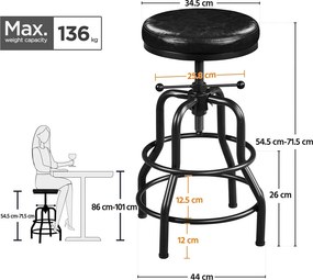 Barová židle Yaheetech – černá, 44 cm (délka) × 44 cm (šířka) × 54,5 cm – 71,5 cm (výška) (256244013357)