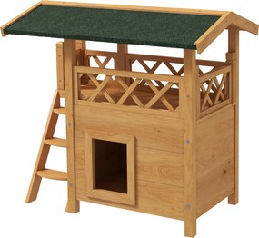 PawHut dvoupatrový domek pro kočky s asfaltovou střechou a balkonem, vila pro kočky z masivního dřeva se schody, přírodní, 77x50x73cm| Aosom