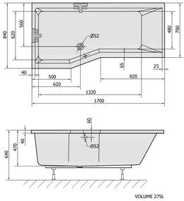Polysan, VERSYS L asymetrická vana 170x84x70x47cm, bílá, 70111