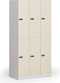 Šatní skříňka S1 s úložnými boxy, 6 boxů, 1850 x 900 x 500 mm, demont, mechanický kódový zámek, laminované dveře, bříza