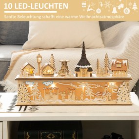 HOMCOM Vánoční dekorace, vánoční vesnička, 10 LED, teplé bílé světlo, 45 x 10 x 25 cm, dekorace ze dřeva
