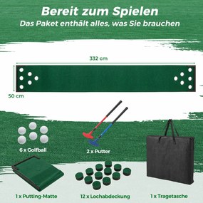 Costway 332 cm golfová podložka s 2 nastavitelnými puttry a 6 míčky a 12 kryty