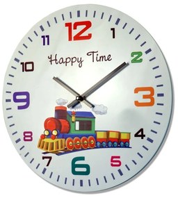 Bílé nástěnné hodiny pro děti s vláčkem HAPPY TIME