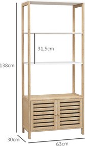 HOMCOM Bambusová koupelnová police se 3 otevřenými policemi a skříňkou se žaluziovými dveřmi 63x30x138 cm