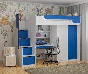 Poschoďová postel Dorian + psací stůl + skříň - modrá