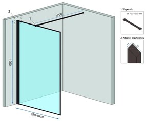 Bezrámová sprchová zástěna REA BLER 100 cm + police a věšák EVO, černá/transparent - bez vaničky