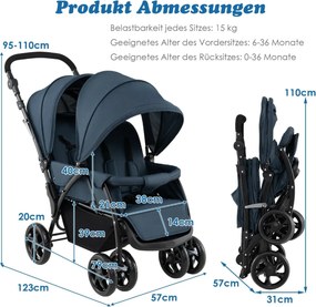 Costway Sourozenecký kočárek skládací dvojkočárek s nastavitelným