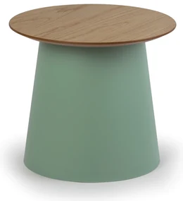 Plastový kávový stolek SETA s dřevěnou deskou, průměr 49 cm, dub/zelená