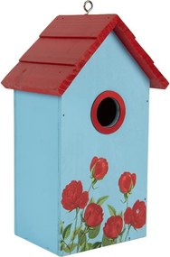 Červeno-modrá dřevěná ptačí budka s růžemi Birdhouse - 15*10*22 cm