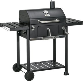 Outsunny Uhlový Gril, Kempingový Gril se dvěma rošty, Skládací Postranní Stůl, Grilovací Vozík s Policí, BBQ Rukojeť, Nerezová ocel, Černá, 120 x 64 x